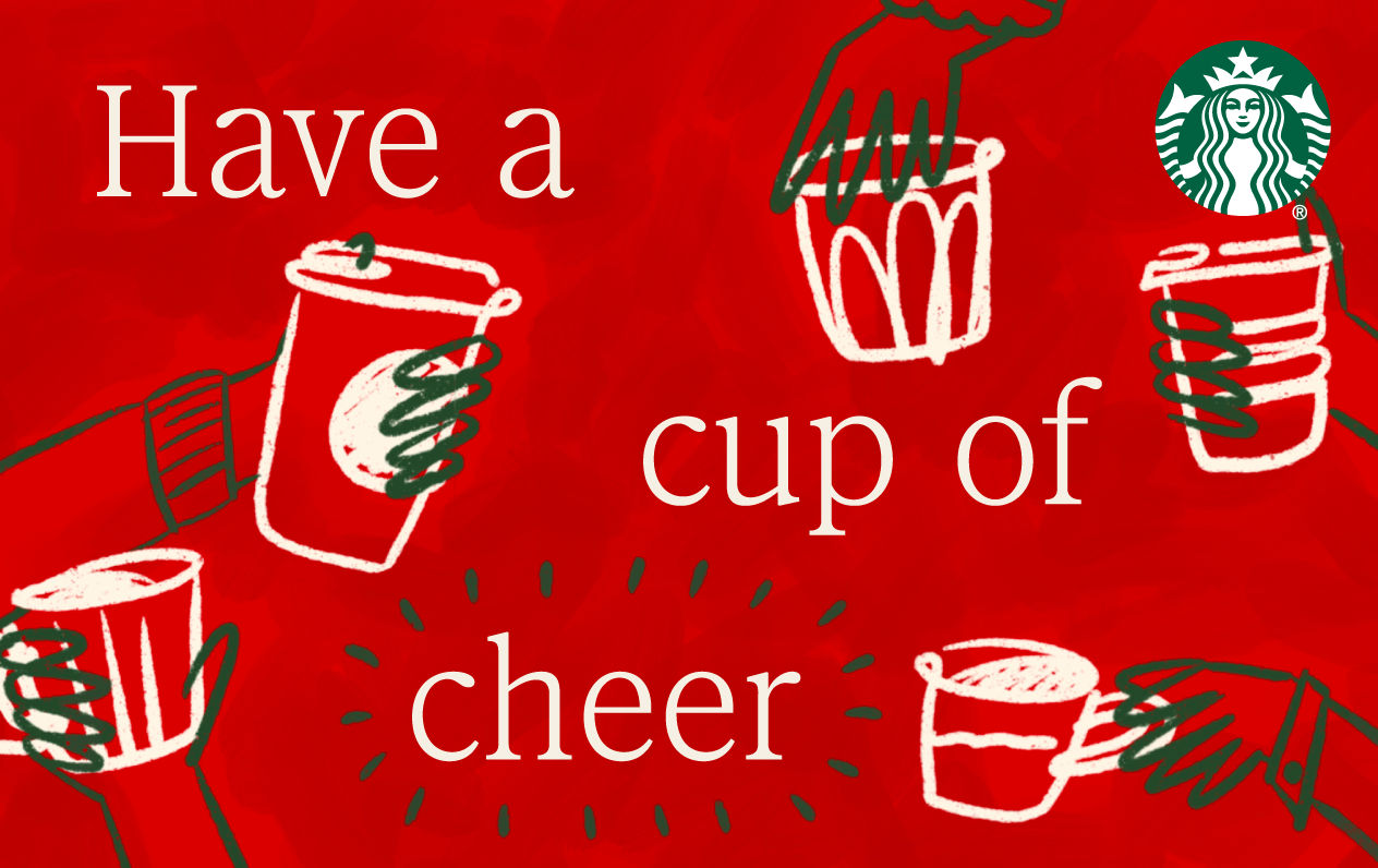 Gift card image: Have a cup of cheer is written in white on a red ...