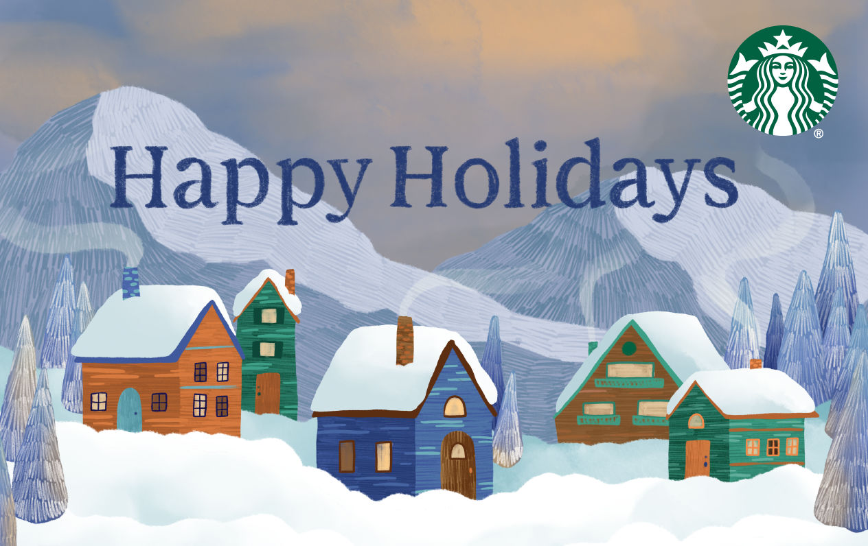 Gift card image: Happy Holidays is written behind an illustrated ...