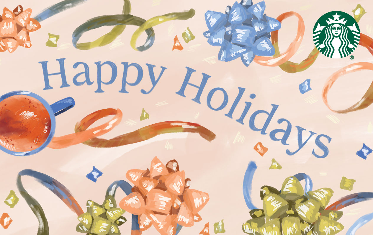 Gift card image: Happy Holidays is written in blue on a light orange ...