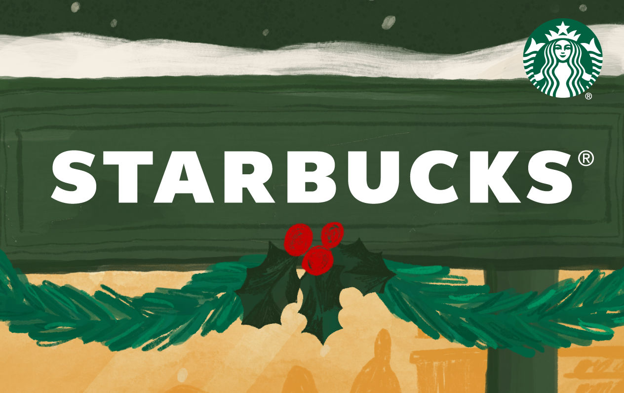 Gift card image: Starbucks is written in white on top a café window ...