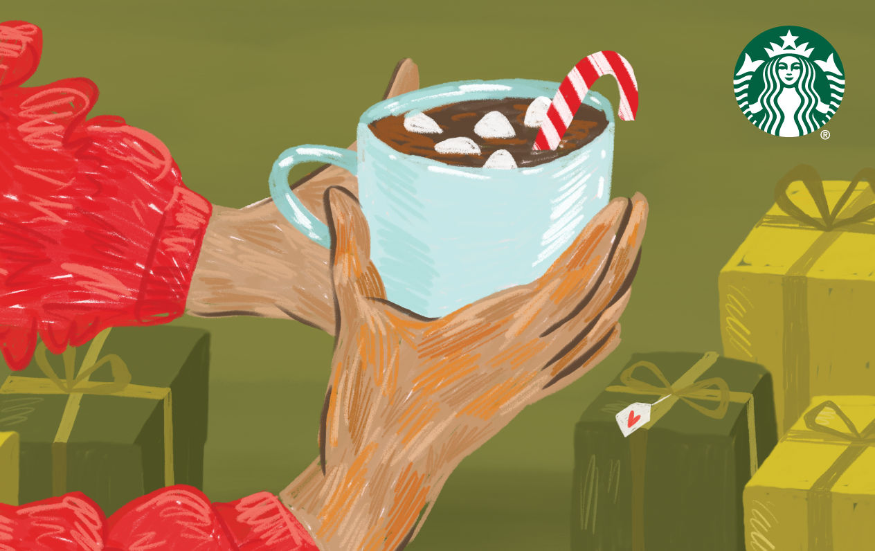 Gift card image: A black dog sniffs an open cup of coffee against a ...