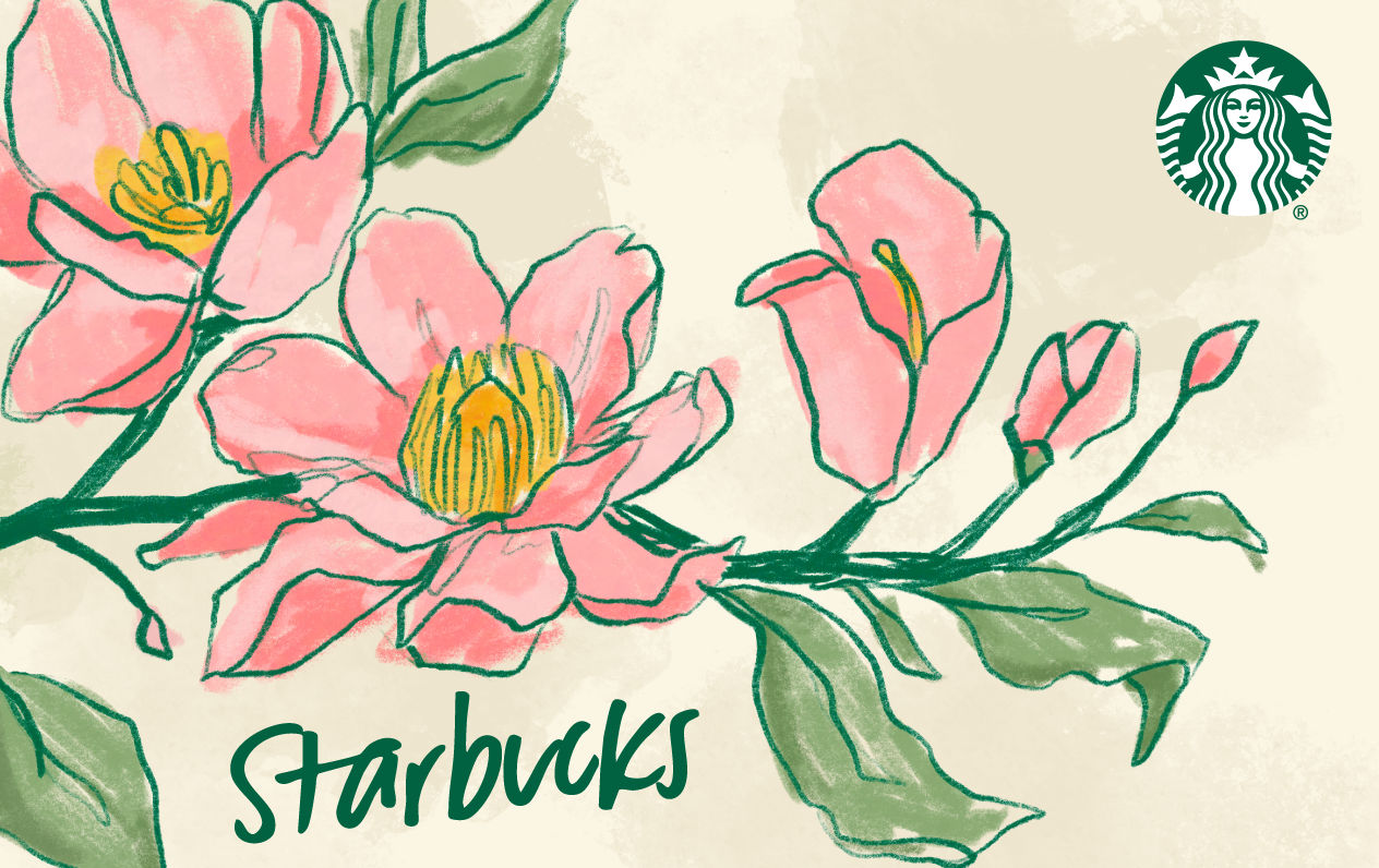 Gift card image: Pink flowers on a tree brand sit on a beige background ...